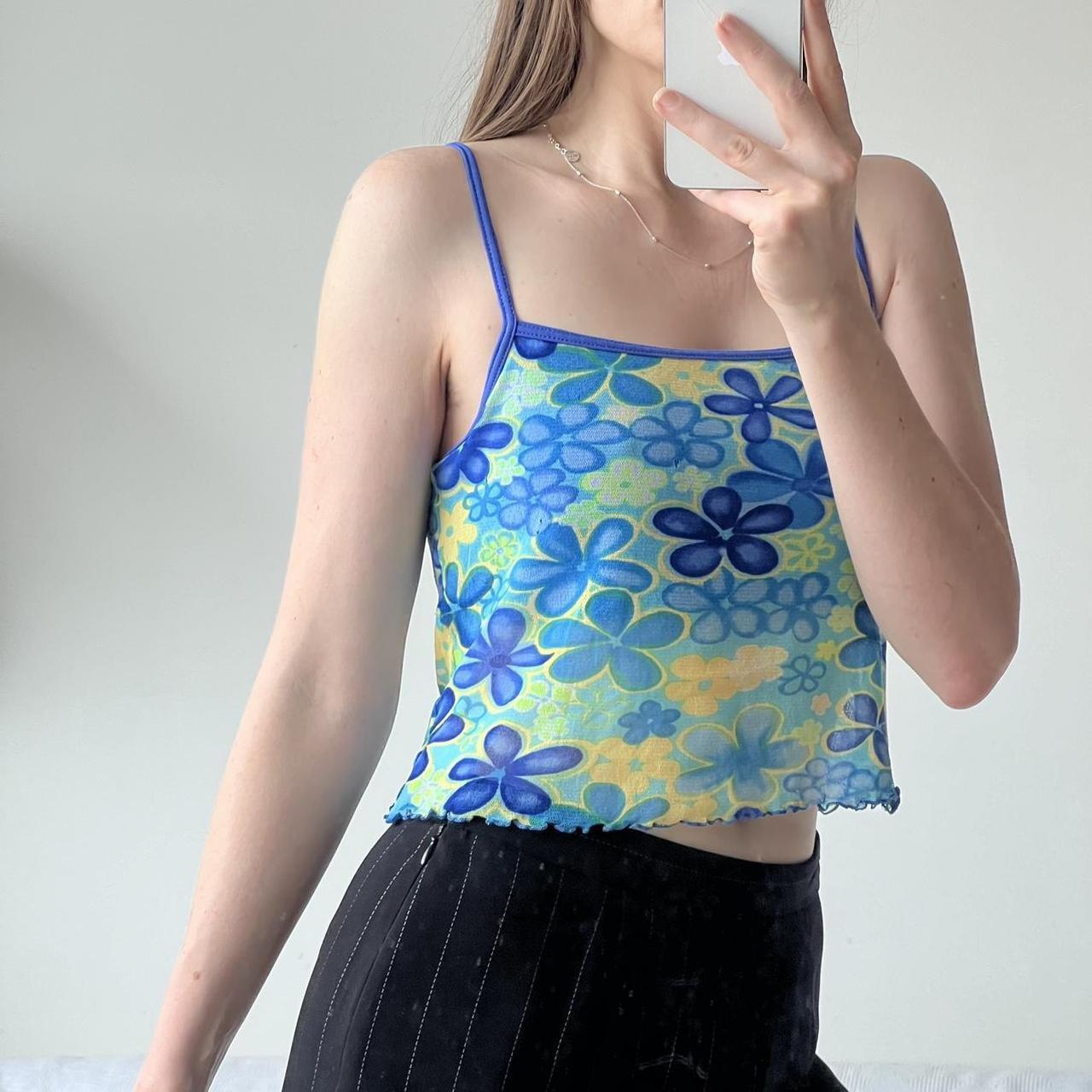 Vintage Y2K cropped mesh tank top in blue green... - Depop