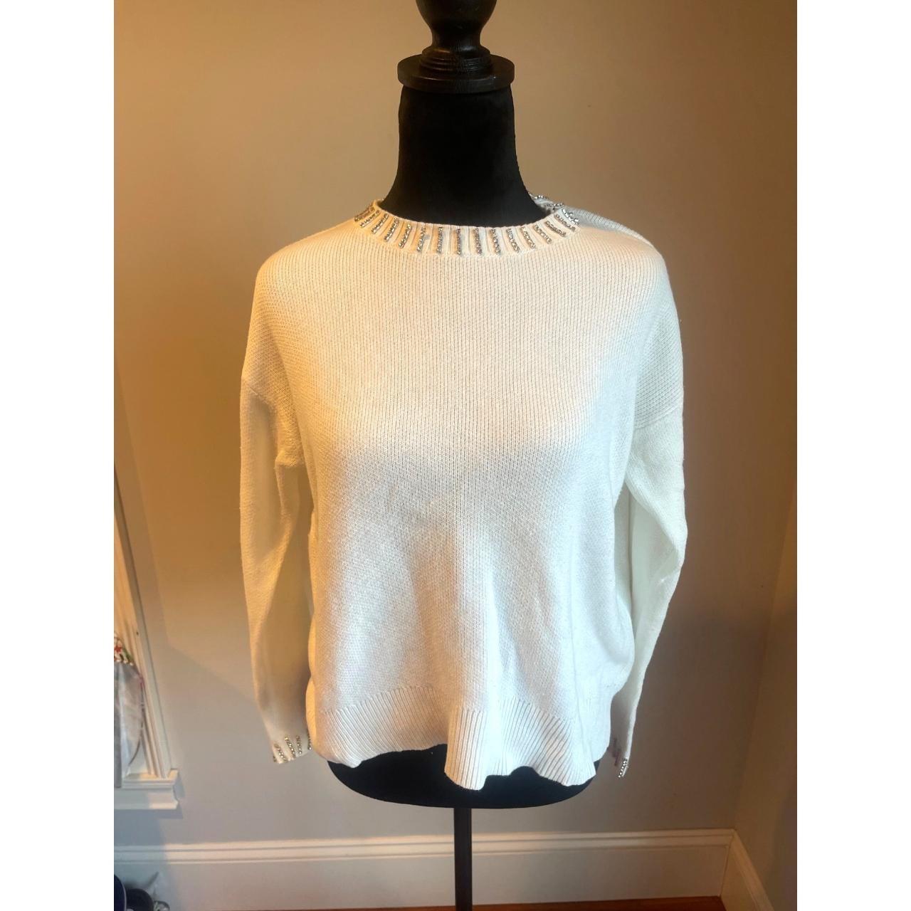 Express Women's White Sweater with Rhinestone Collar... - Depop