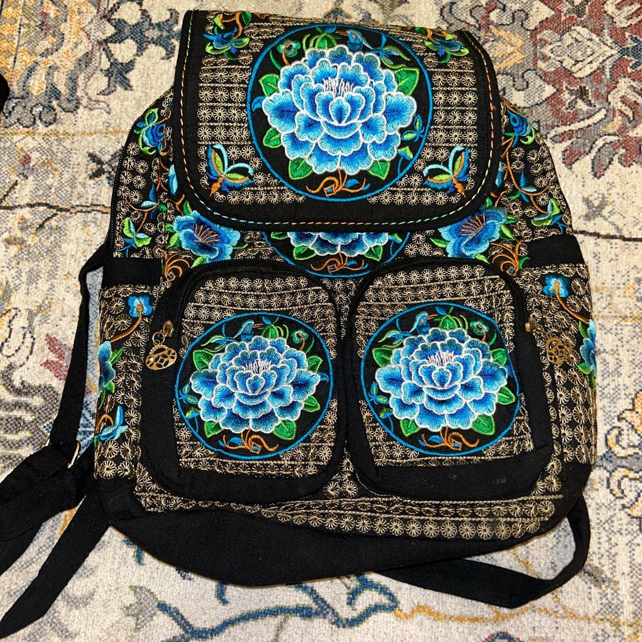 y2k blue flower backpack not sure what brand... - Depop