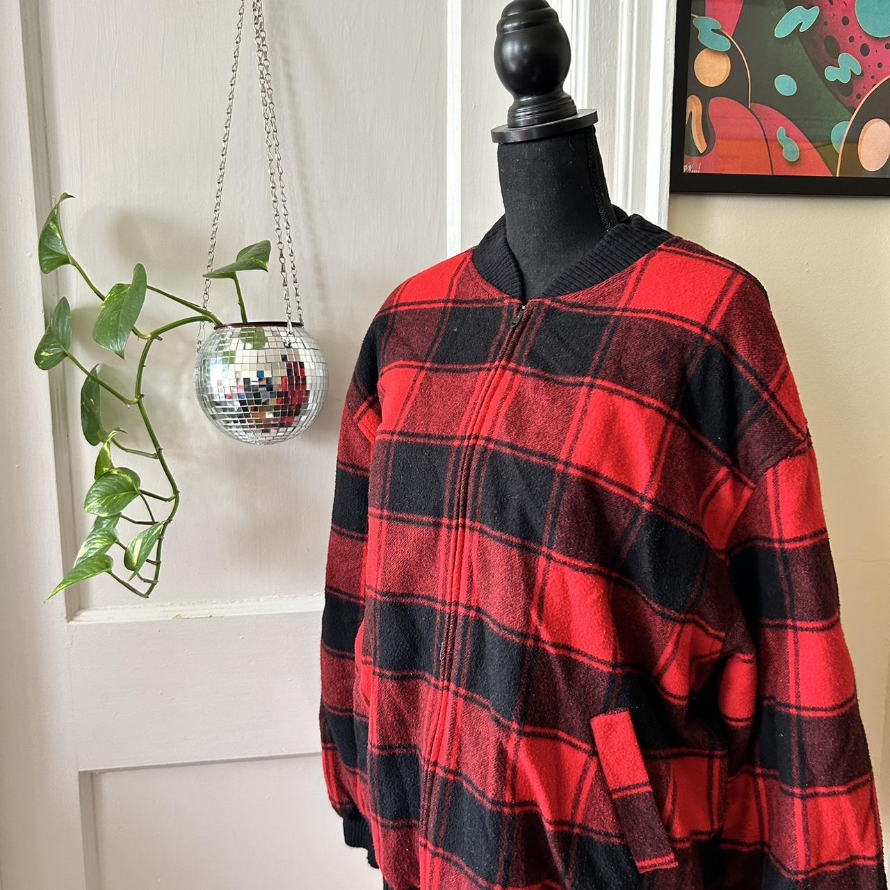 🐞80s Red & Black Checked Wool Bomber Jacket by Ms.... - Depop
