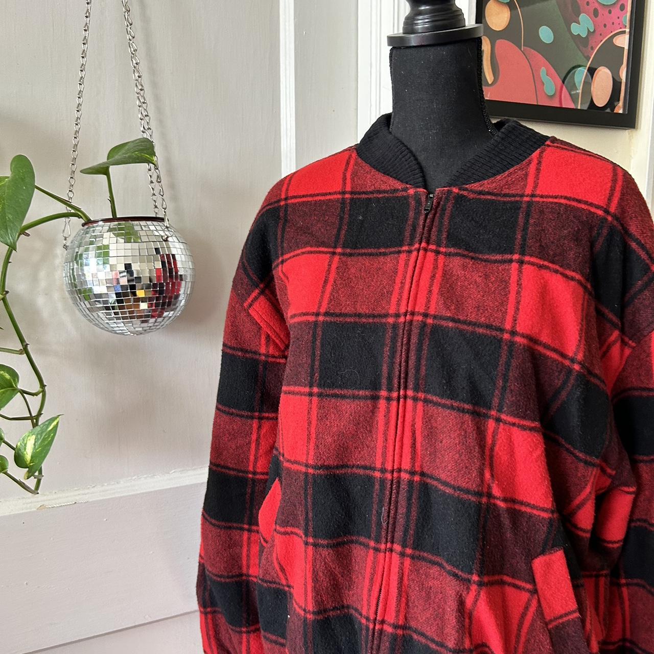 🐞80s Red & Black Checked Wool Bomber Jacket by Ms.... - Depop