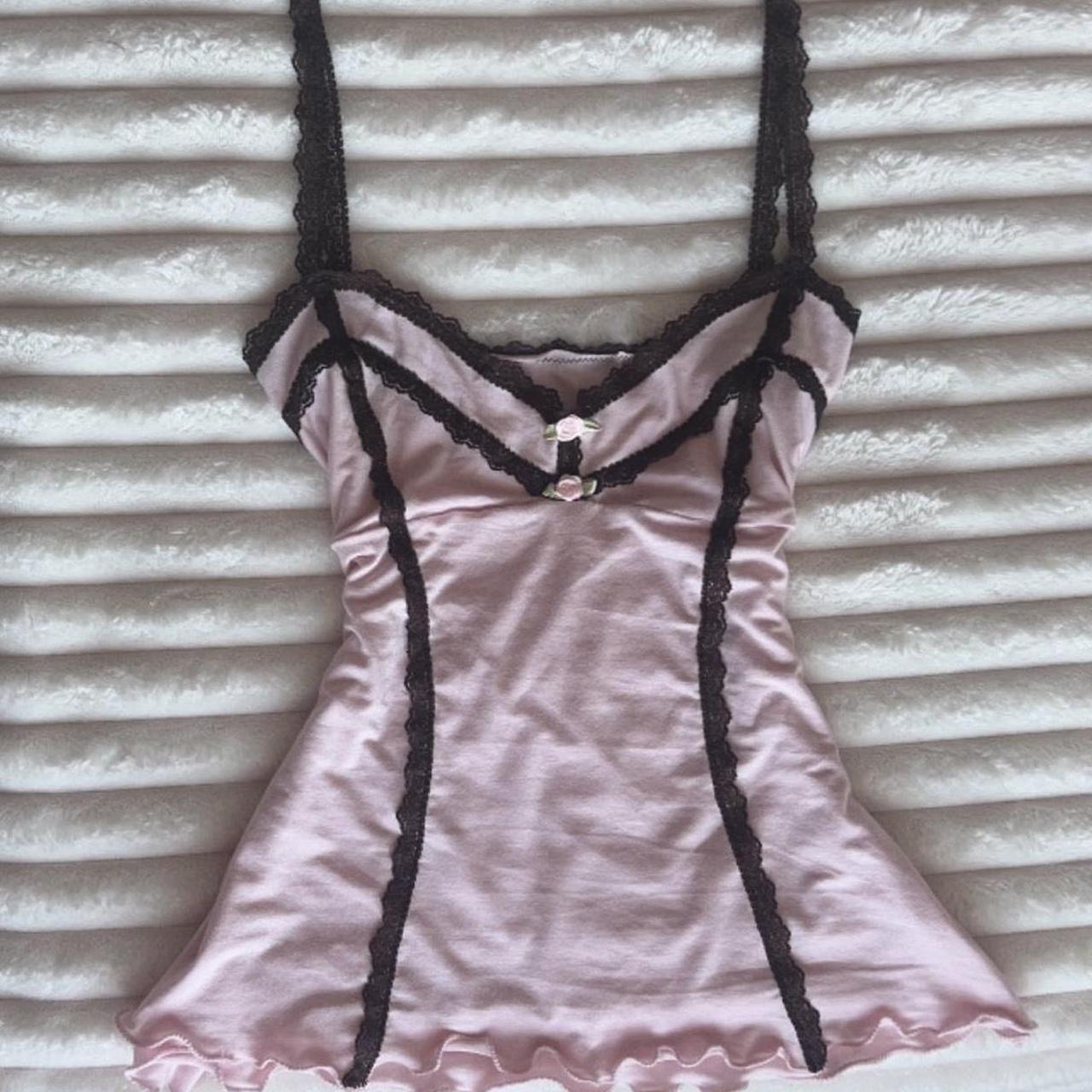 neapolitan top♡ pink and brown lace cami top... | Depop