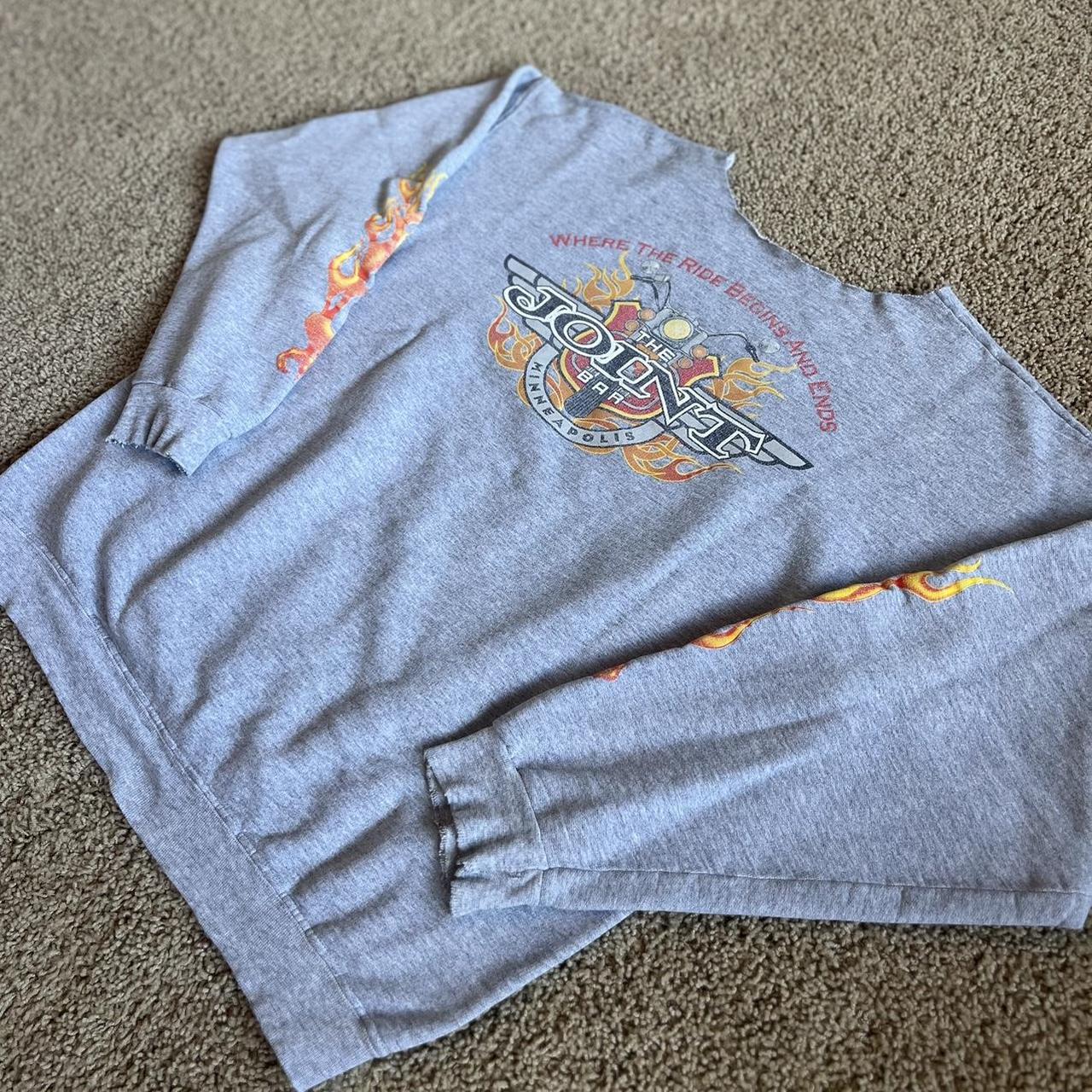 Y2K Crewneck Dope flames on the sleeves, neck is cut... - Depop