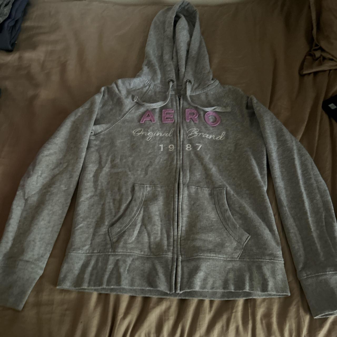 Aeropostale grey and pink zip up hoodie - Depop