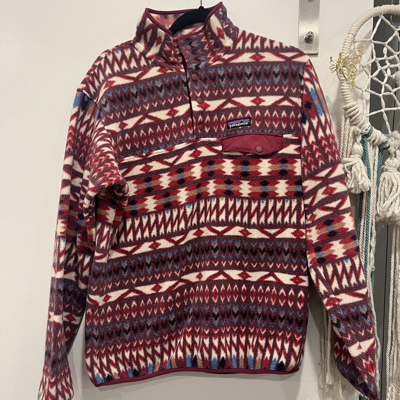 womens patagonia pink patterned synchilla fleece... - Depop
