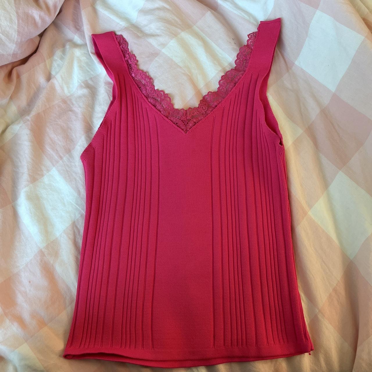Pink lace trim ribbed stretchy cami top. Size XS-S.... - Depop