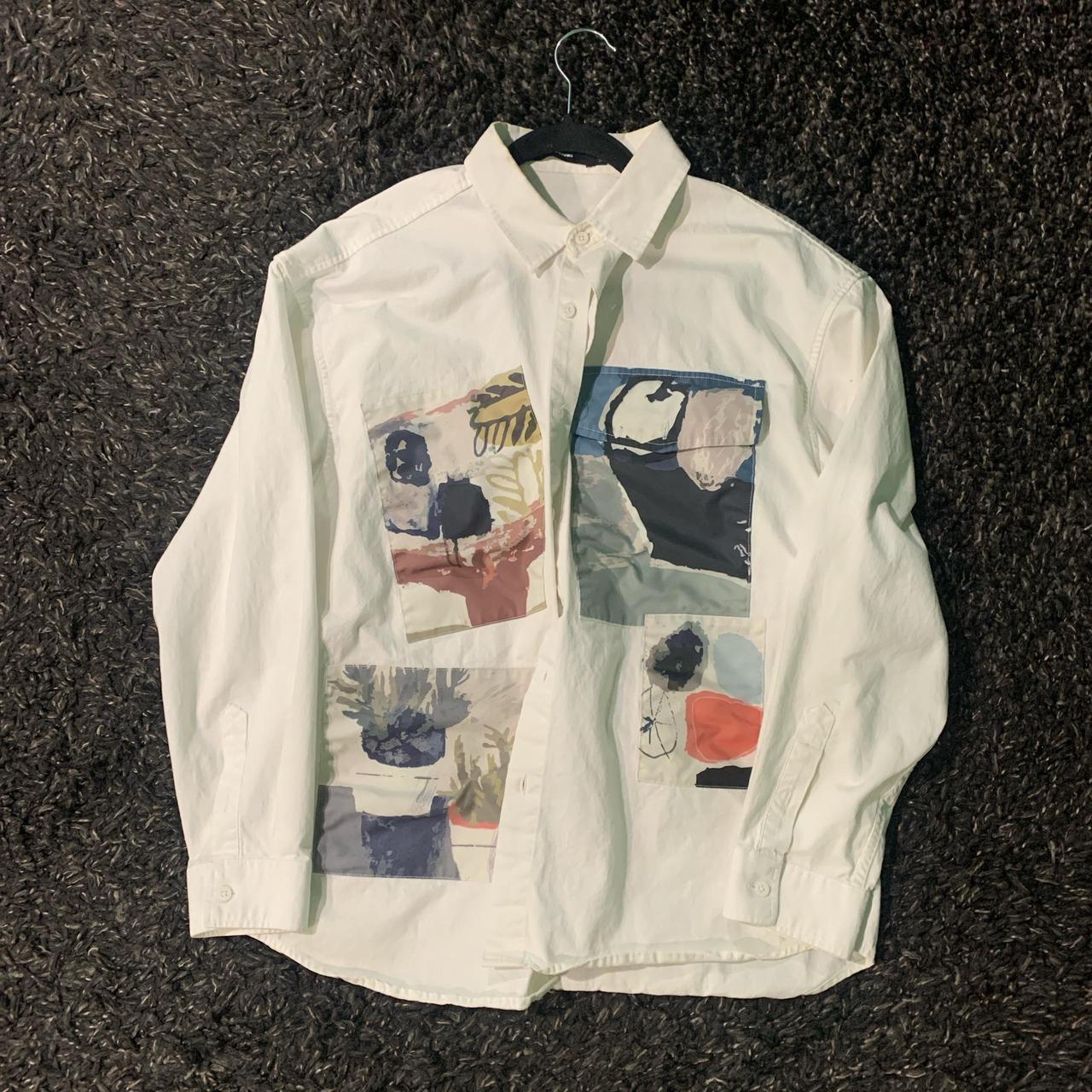 Creative Art Patch White Button Up such a cool shirt! - Depop
