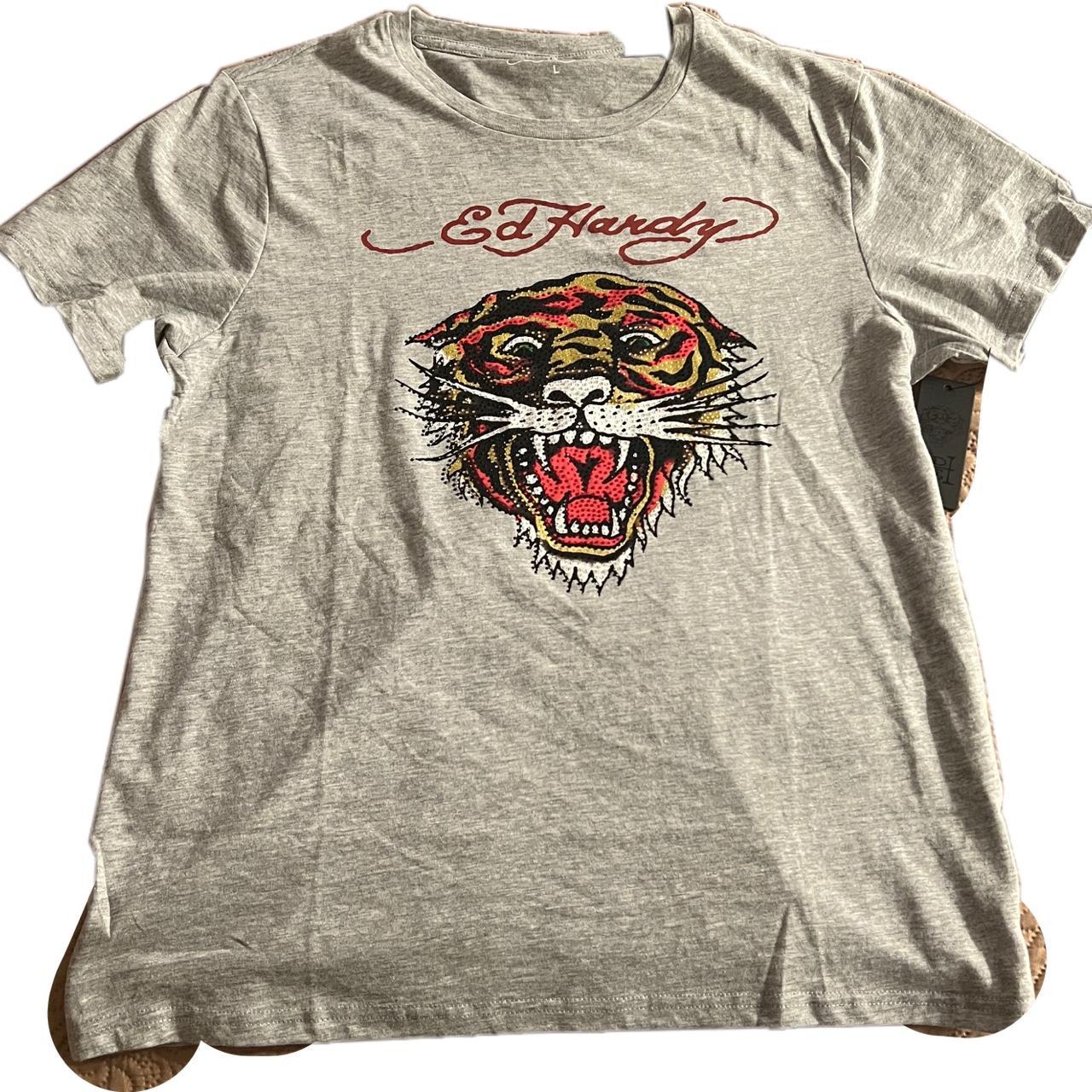 Grey Rhinestone Tiger ed hardy shirt Size large and... - Depop