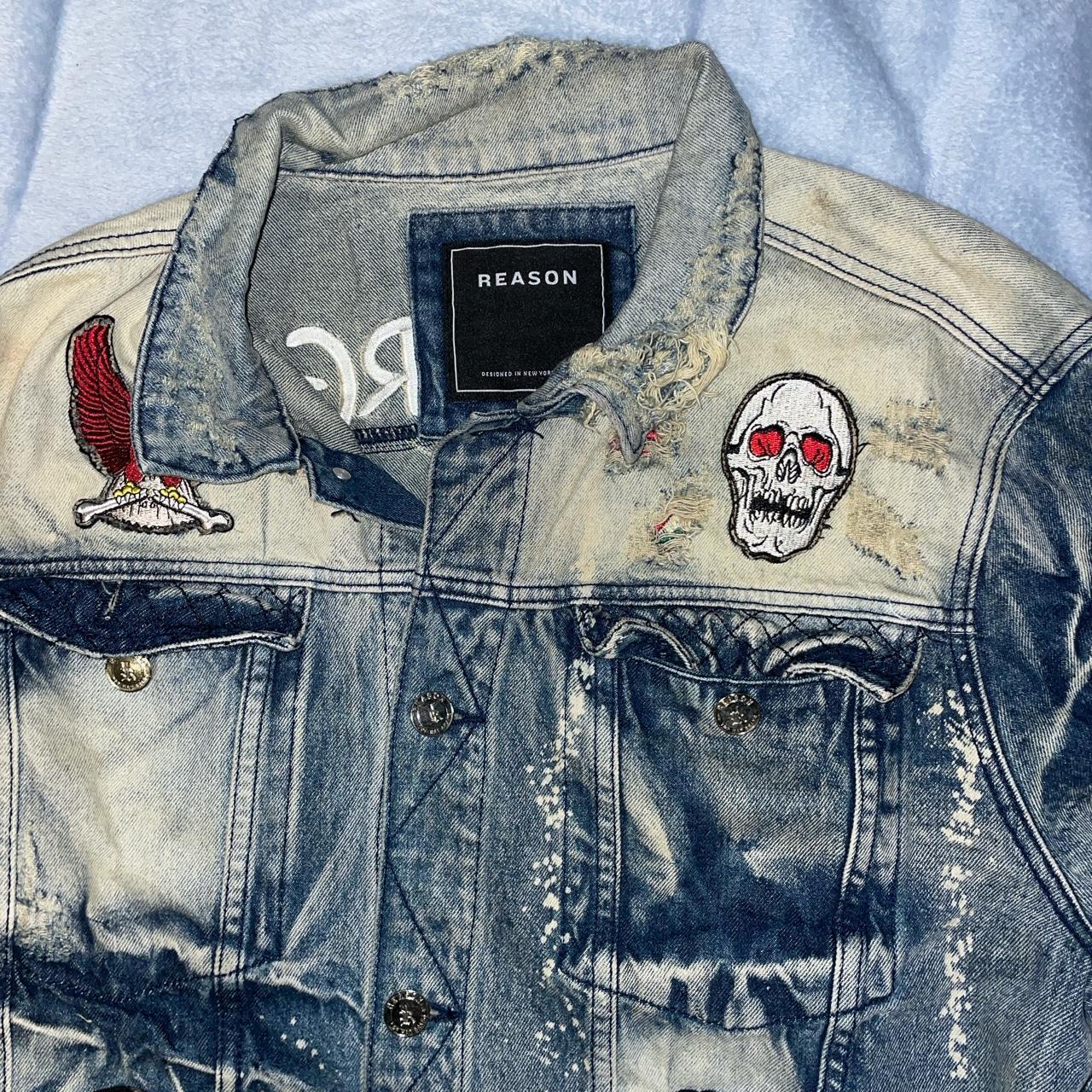 REASON XXL Faded Denim Jacket Patches tattered - Depop