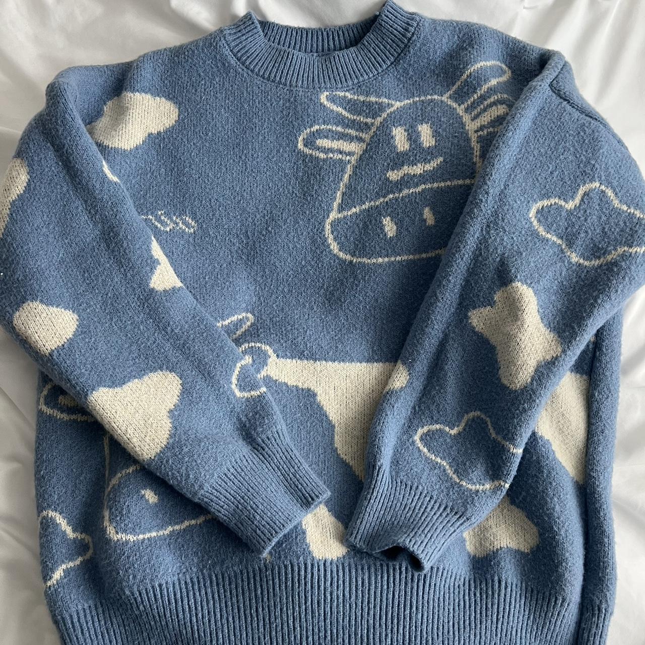 oversized cute kawaii cow sweater blue wool... - Depop