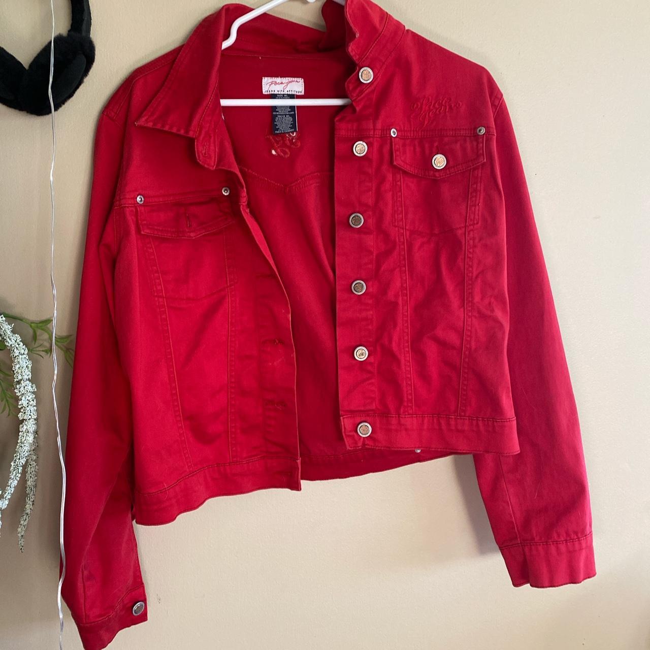 Bright red Poco Jeans denim jacket #cherryred... - Depop