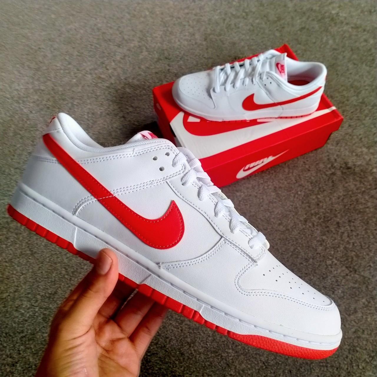 Nike Dunk White, Picante Red Mens Trainers Size... - Depop