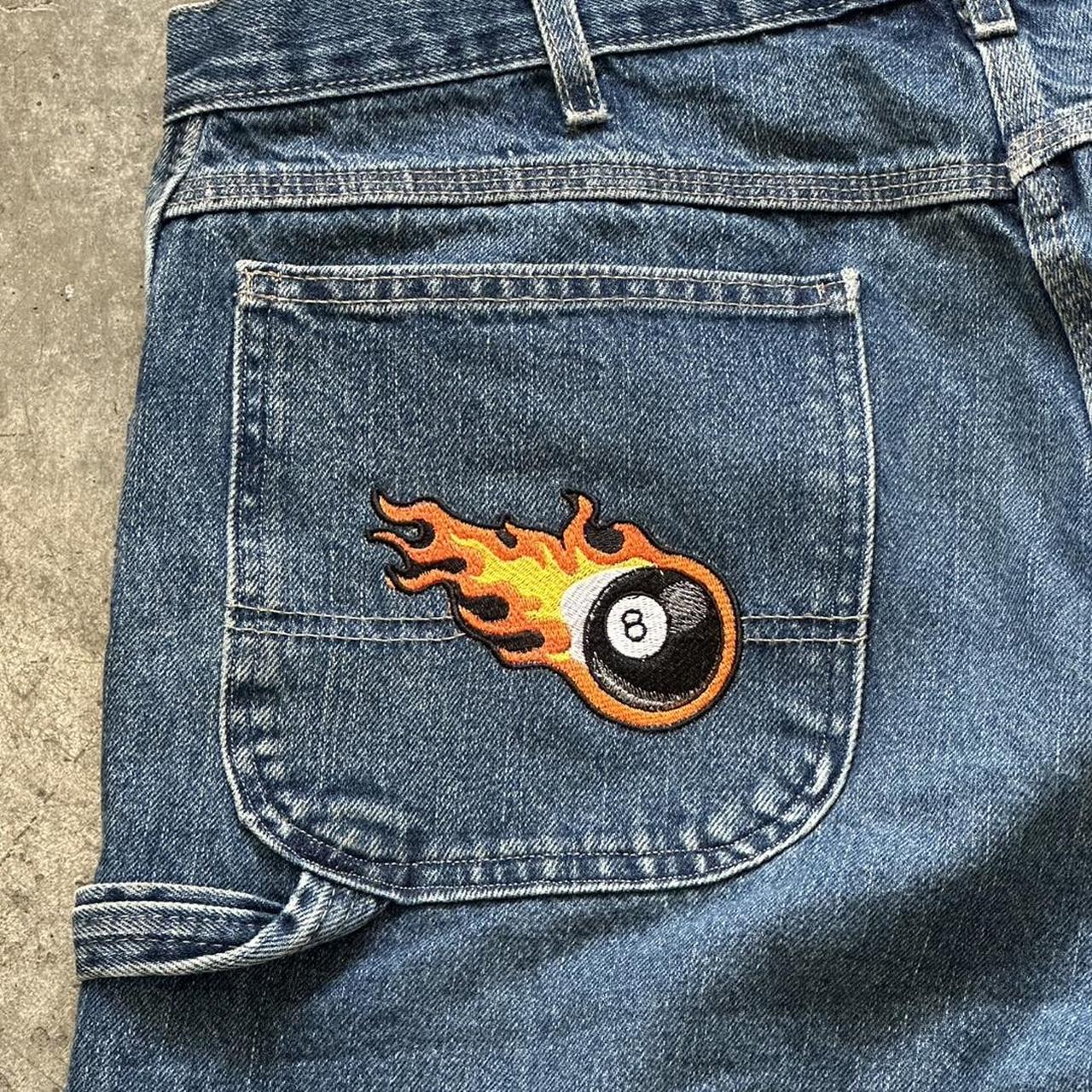Custom Embroidered Flaming 8-Ball Jorts - Dickies... | Depop