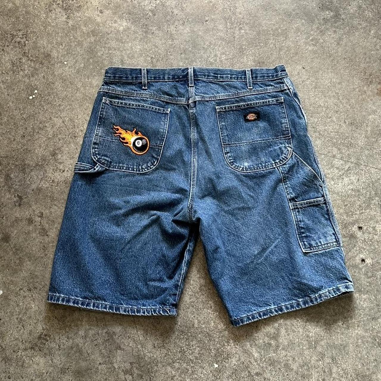 Custom Embroidered Flaming 8-Ball Jorts - Dickies... | Depop