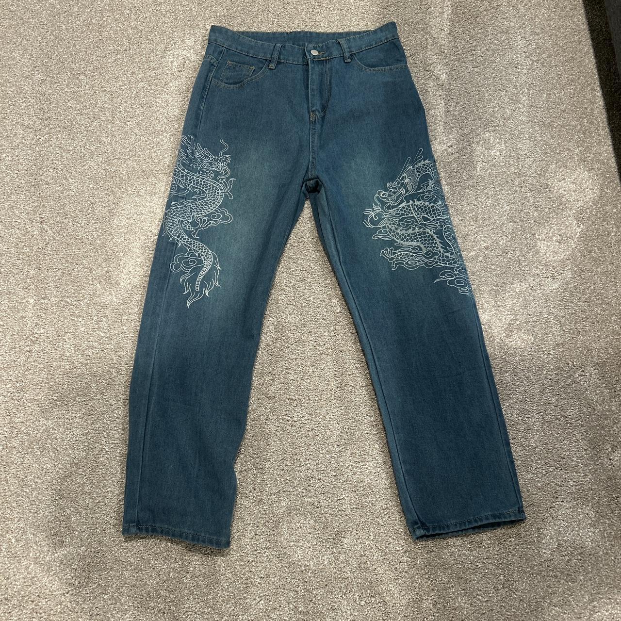 y2k baggy embroidered dragon jeans Super cool... - Depop