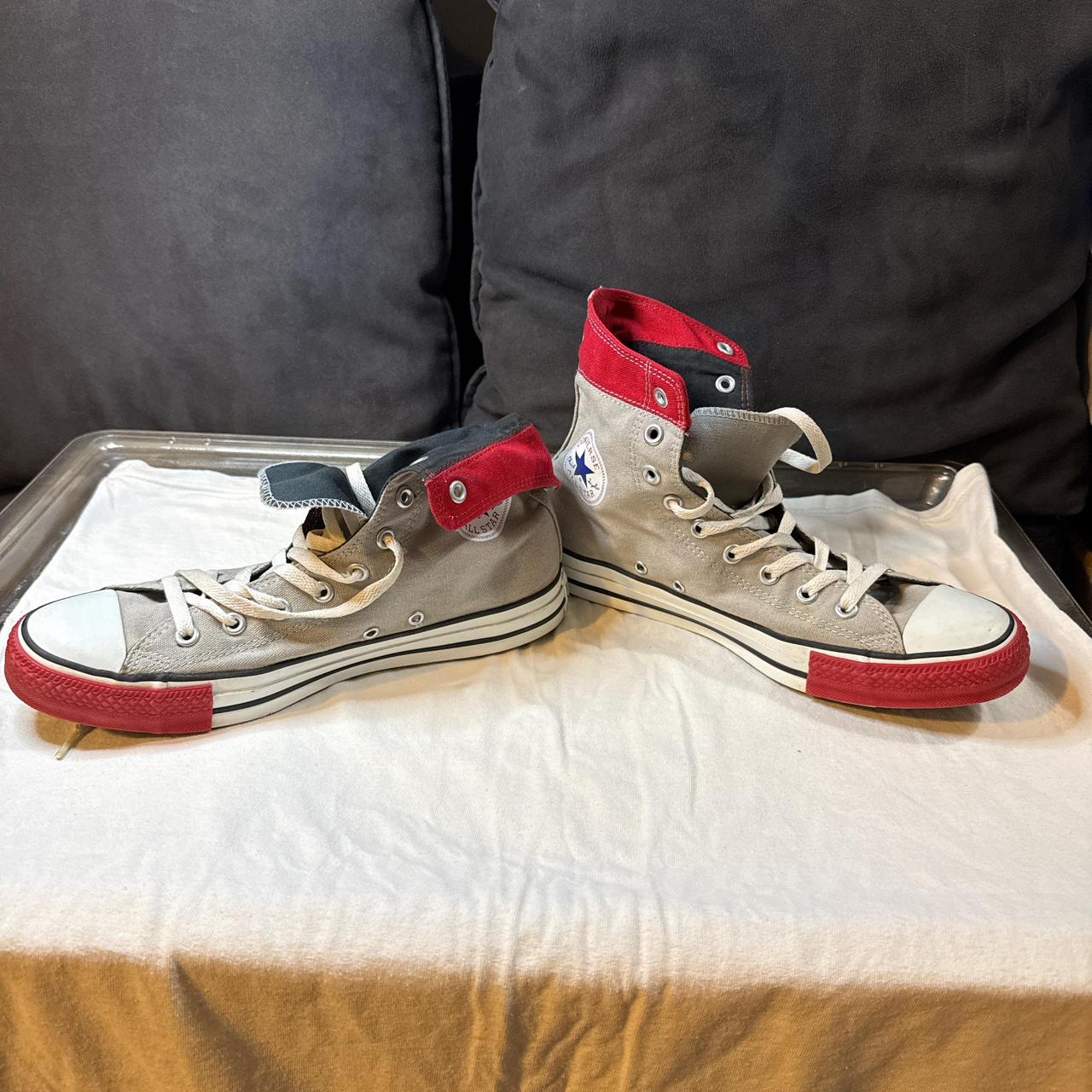 Grey, red, and white Converse Chuck Taylor All Star... | Depop