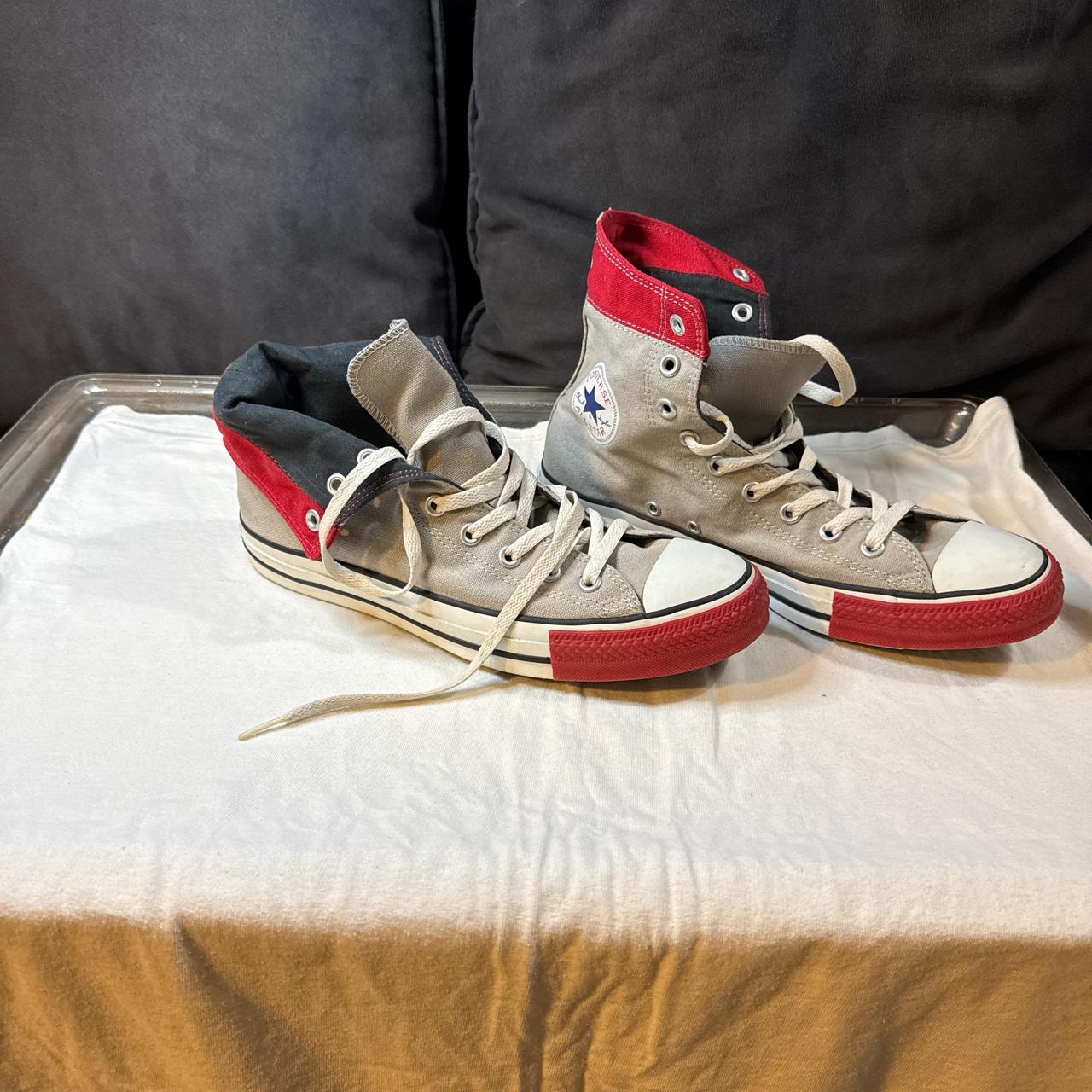 Grey, red, and white Converse Chuck Taylor All Star... | Depop