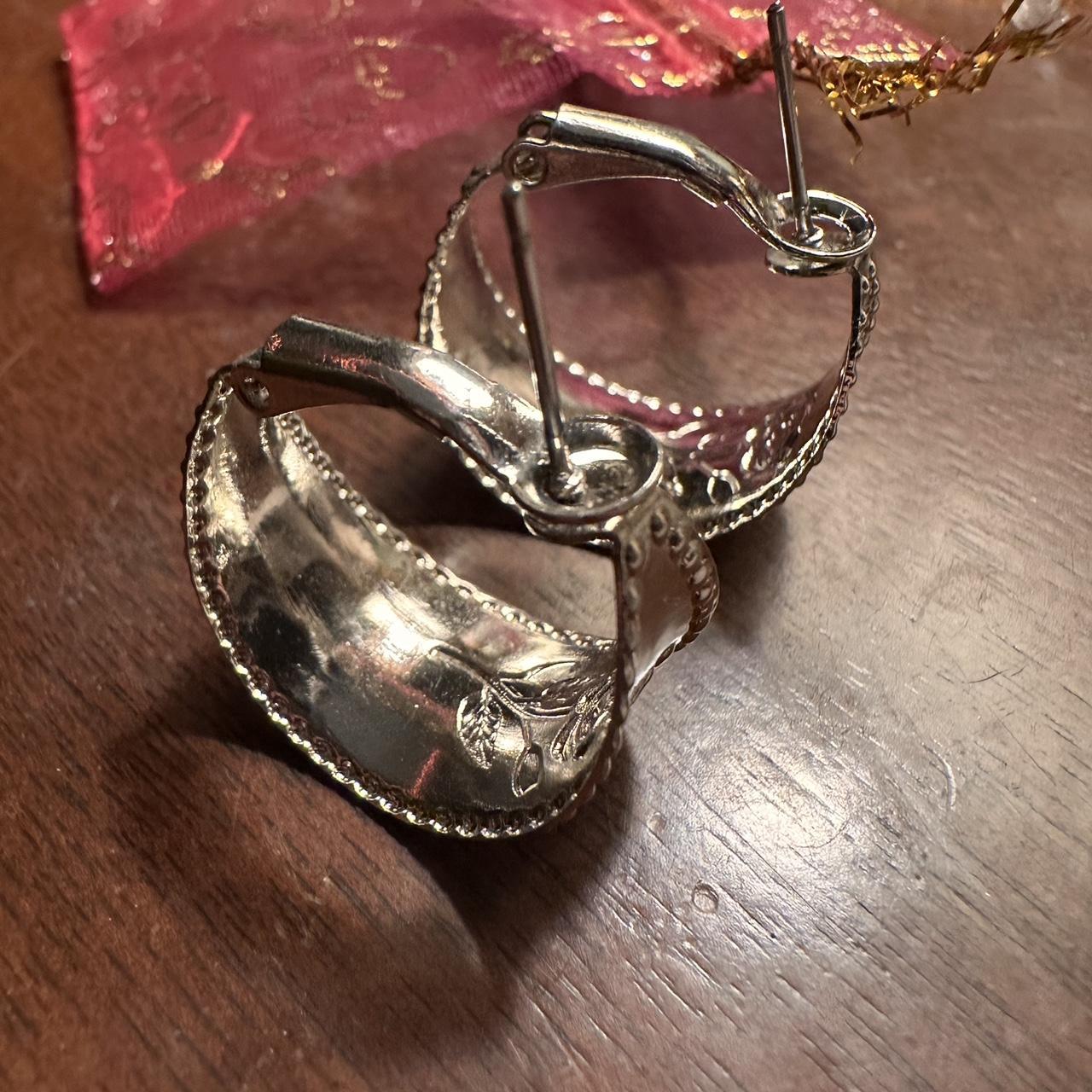 Rose flower silver concave hoops Not real silver,... - Depop