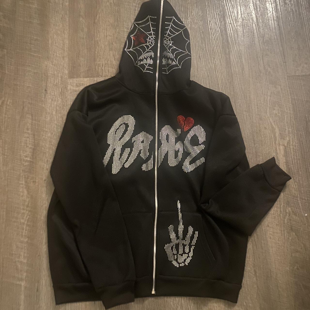 Y2k black rhinestone zip up, zips all the way up... - Depop