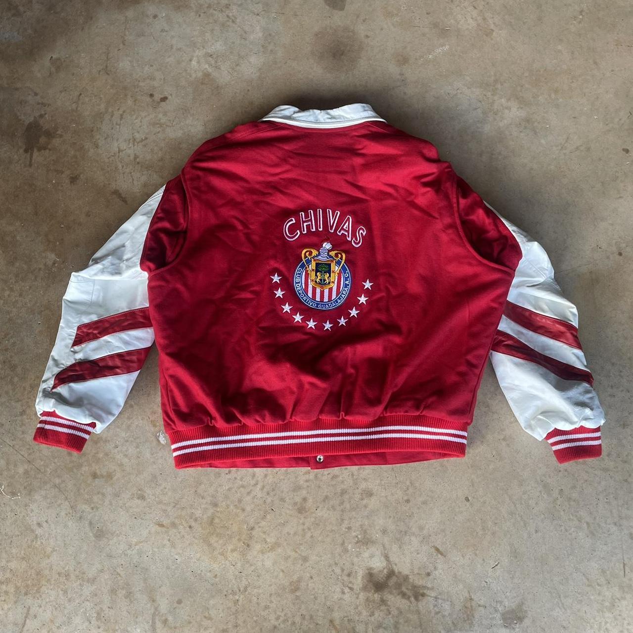 Vintage Red and white Chivas Varsity jacket Pit to... - Depop