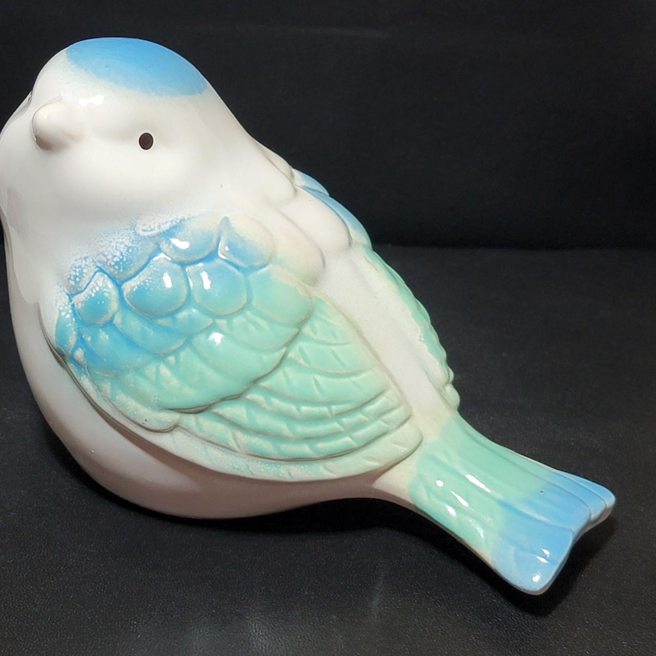 Vintage Ceramic Songbird Figurine White Blue Green... - Depop
