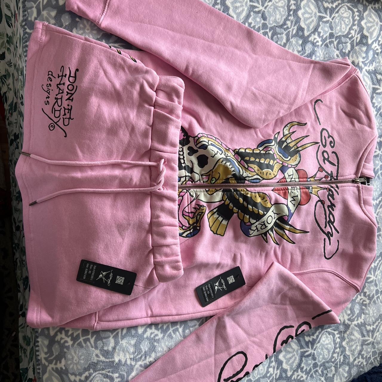Pink Ed Hardy suit Oversized hoodie Mini skirt Never... | Depop