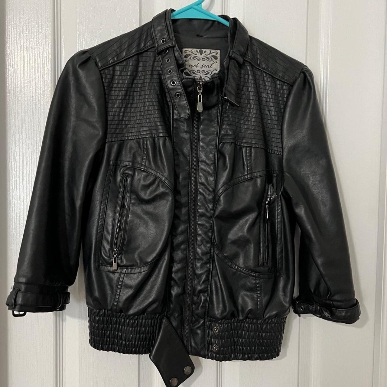 Black polyurethane jacket Black with half... - Depop