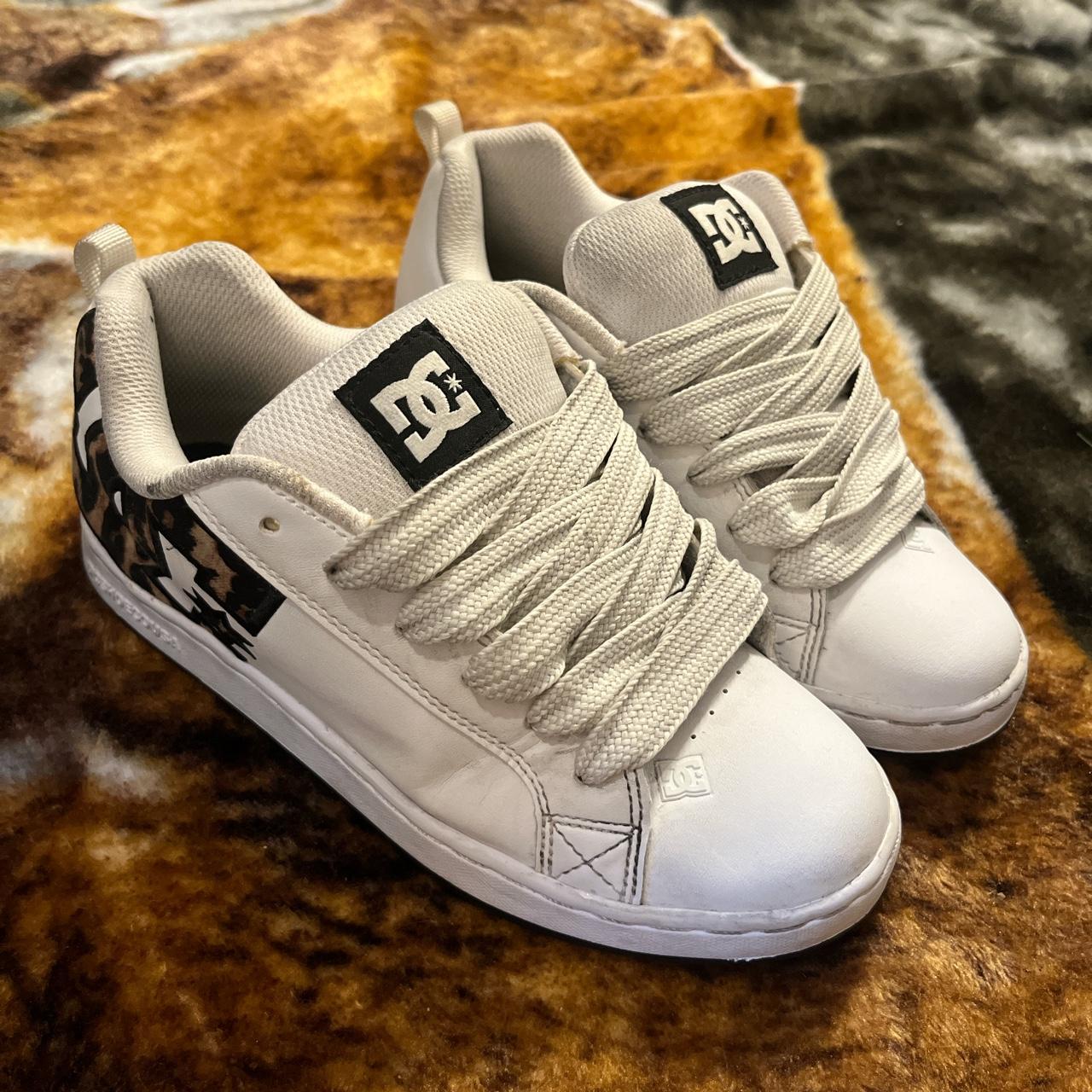 white dc shoes with cheetah/leopard print logo some... - Depop