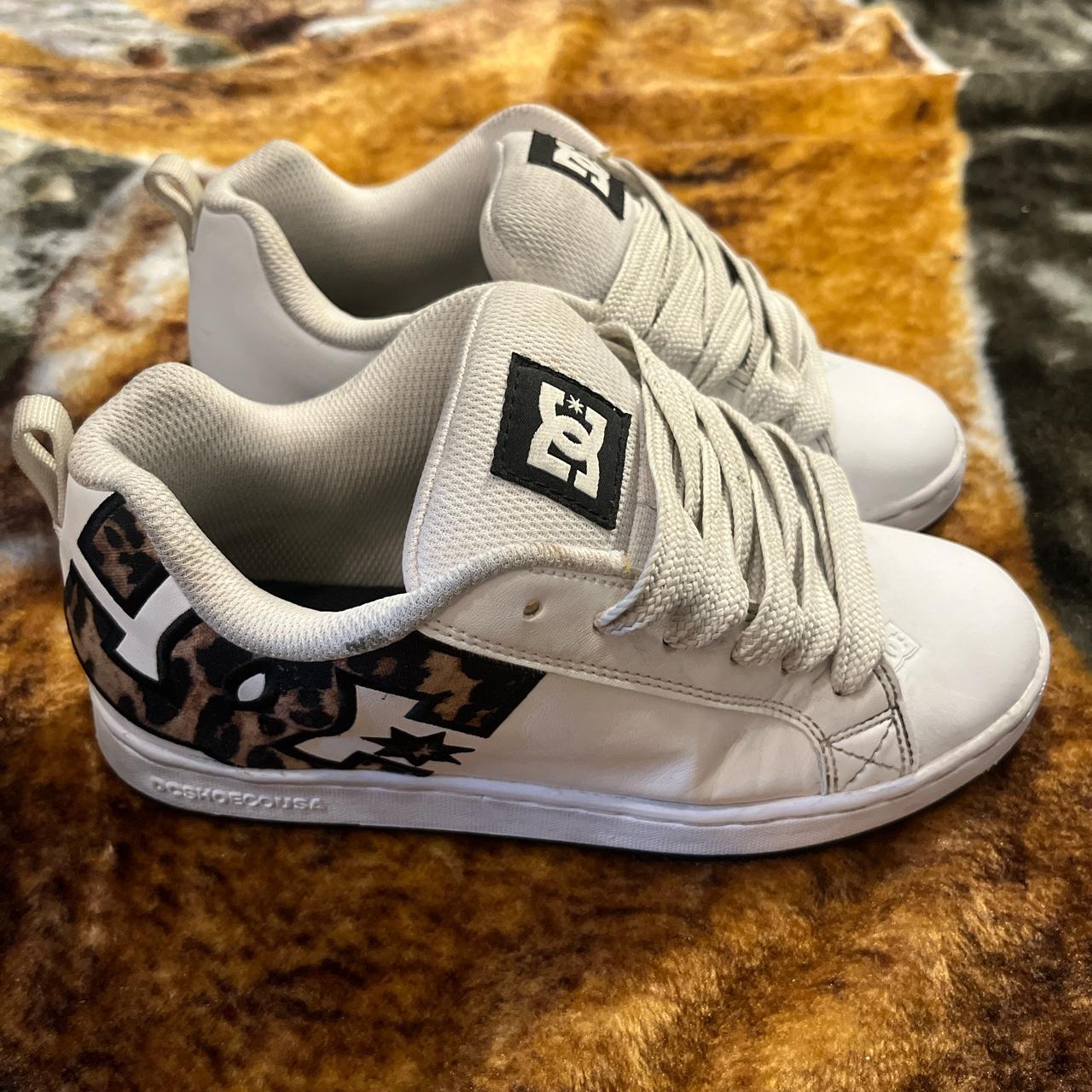 white dc shoes with cheetah/leopard print logo some... - Depop