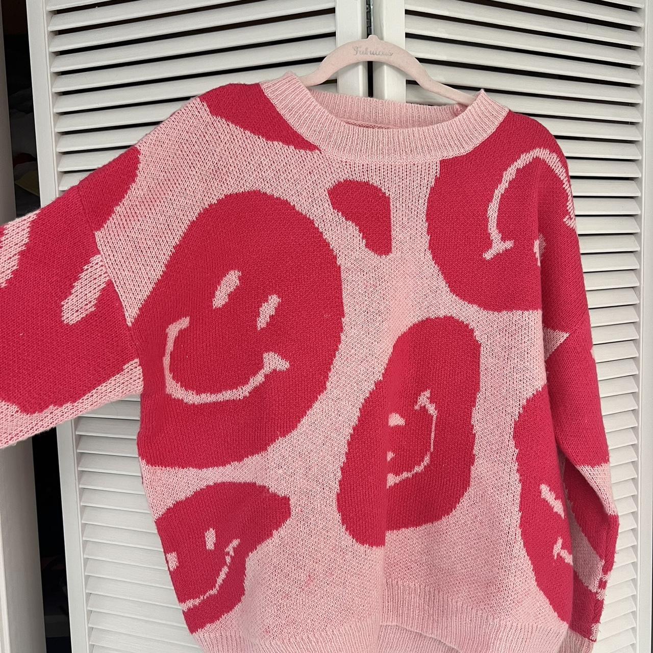 comfy oversized pink smiley print sweater size xs... - Depop