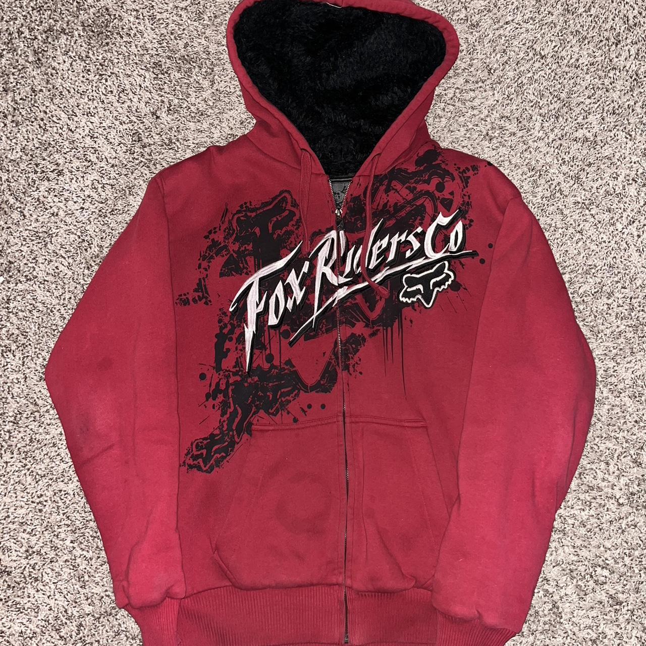 Fox Racing red/burgundy and black zip up hoodie Size... - Depop