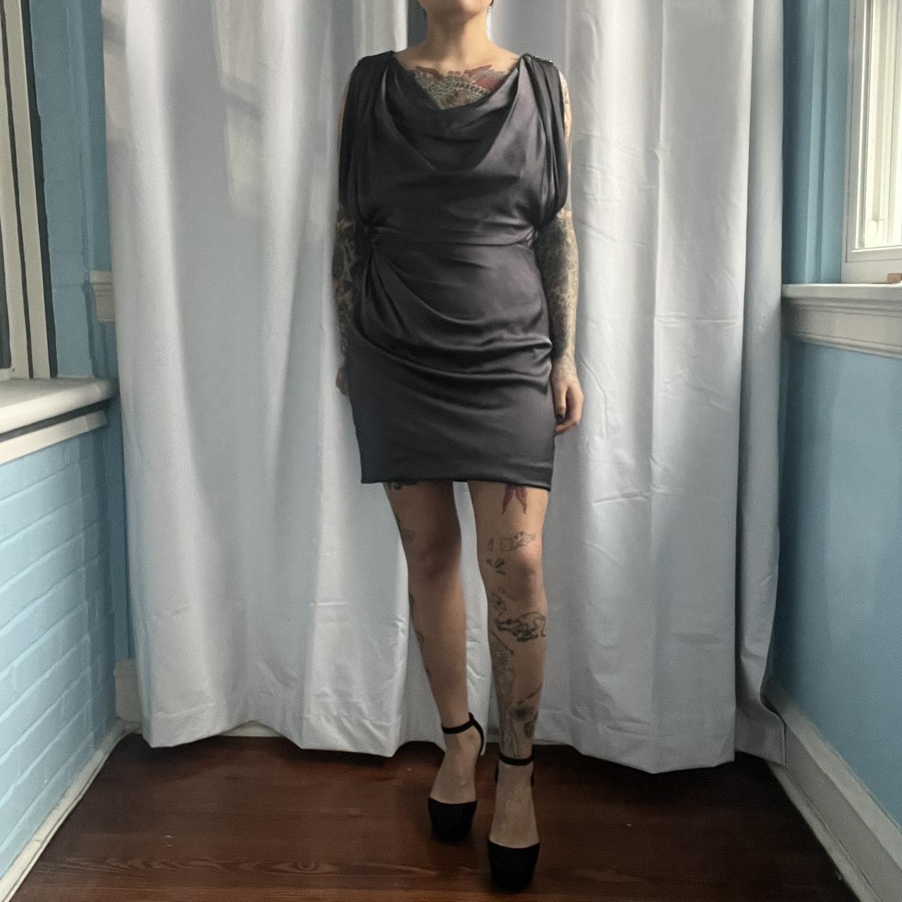 caché charcoal grey toga inspired mini dress w black... | Depop