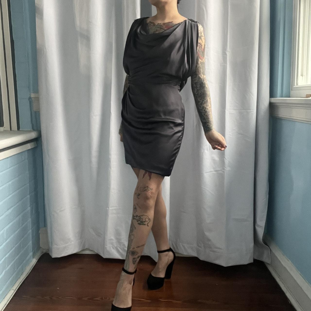 caché charcoal grey toga inspired mini dress w black... | Depop