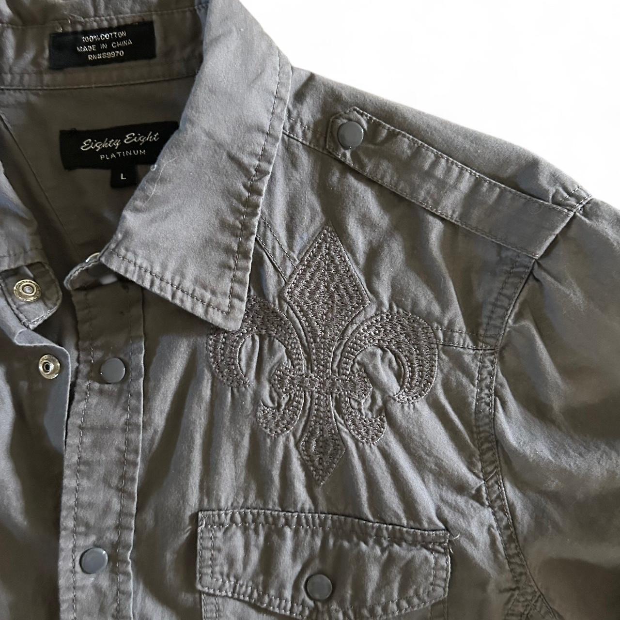 Grey button-up shirt with embroidered details Leave... | Depop