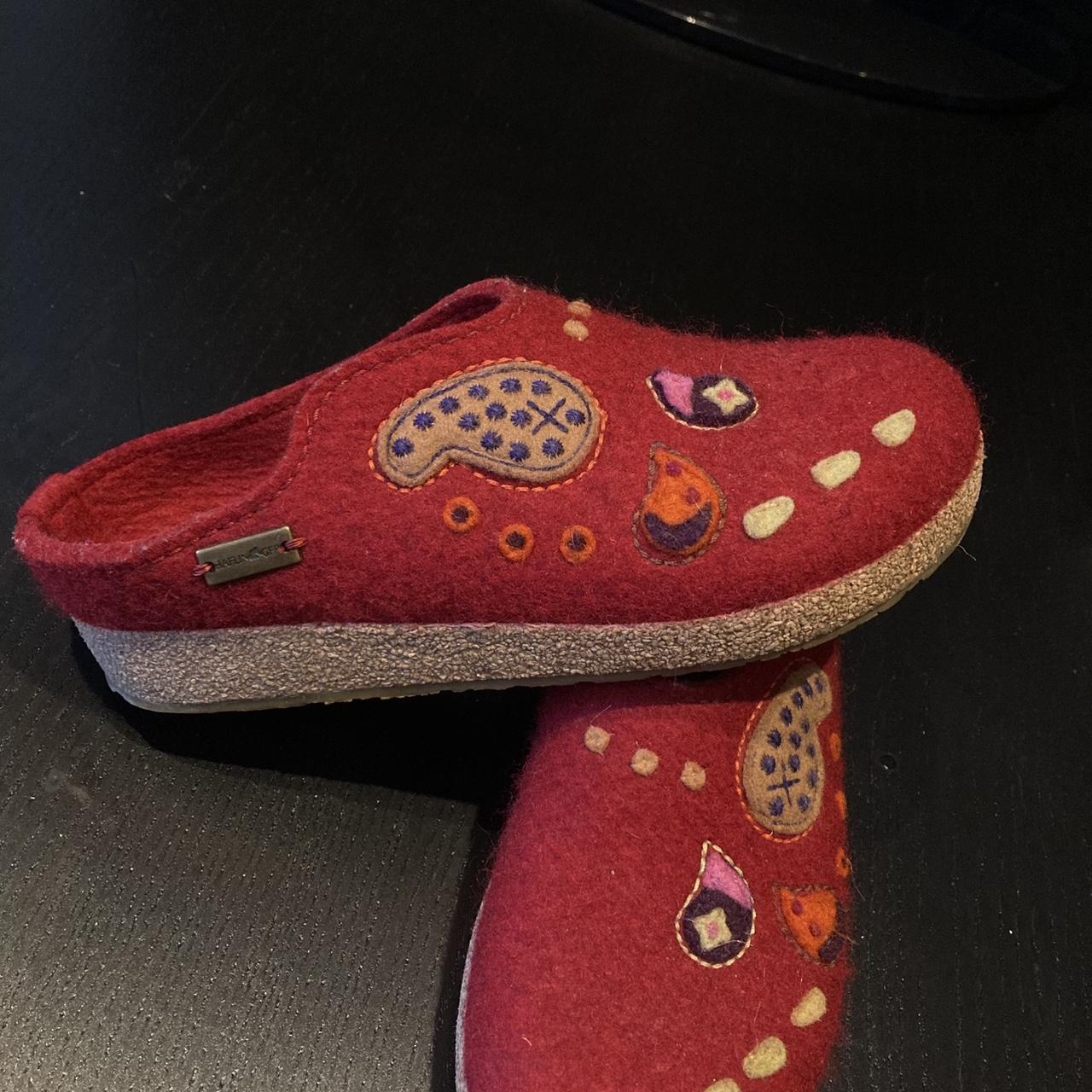 Red and multi-coloured wool felt clogs with a boho... | Depop