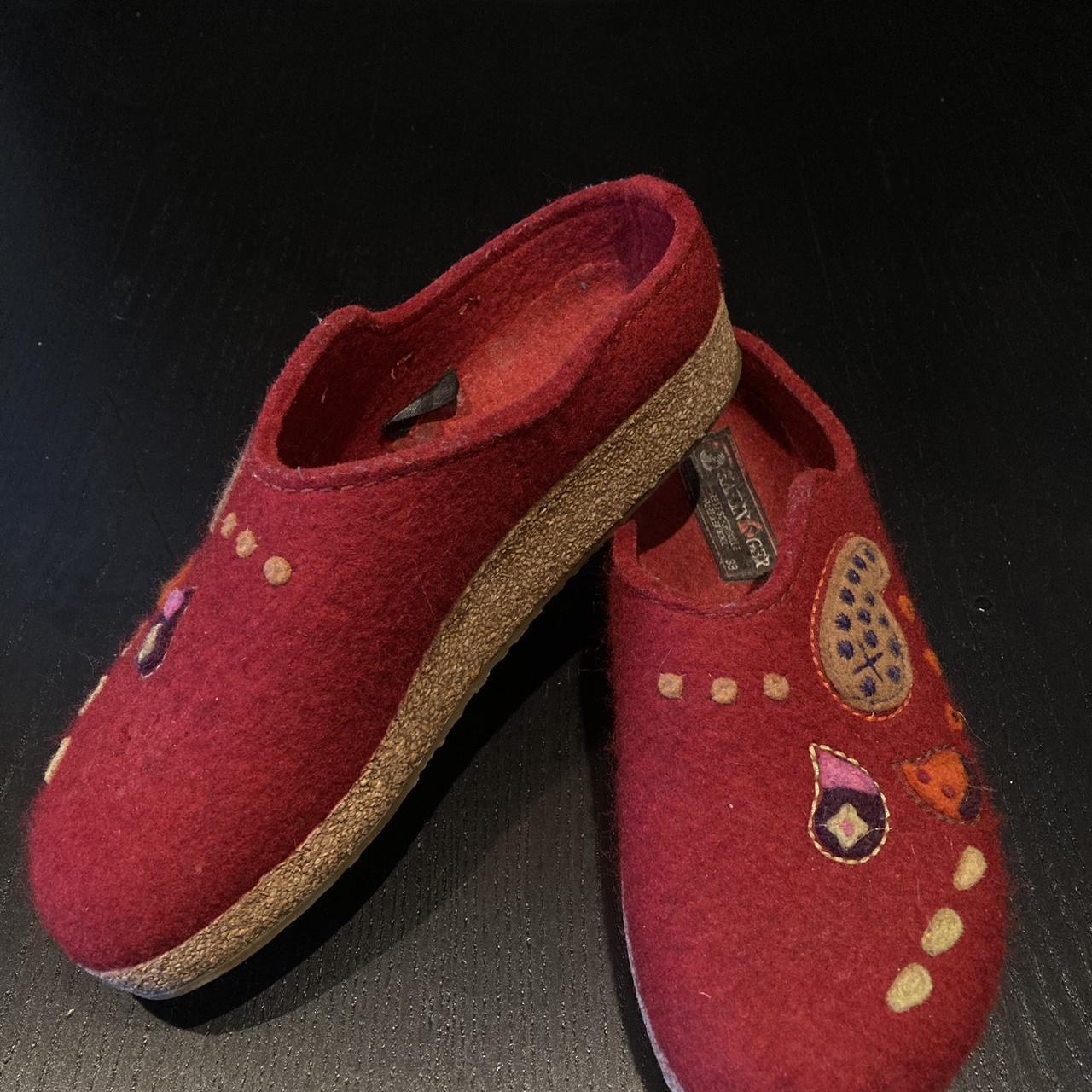 Red and multi-coloured wool felt clogs with a boho... | Depop