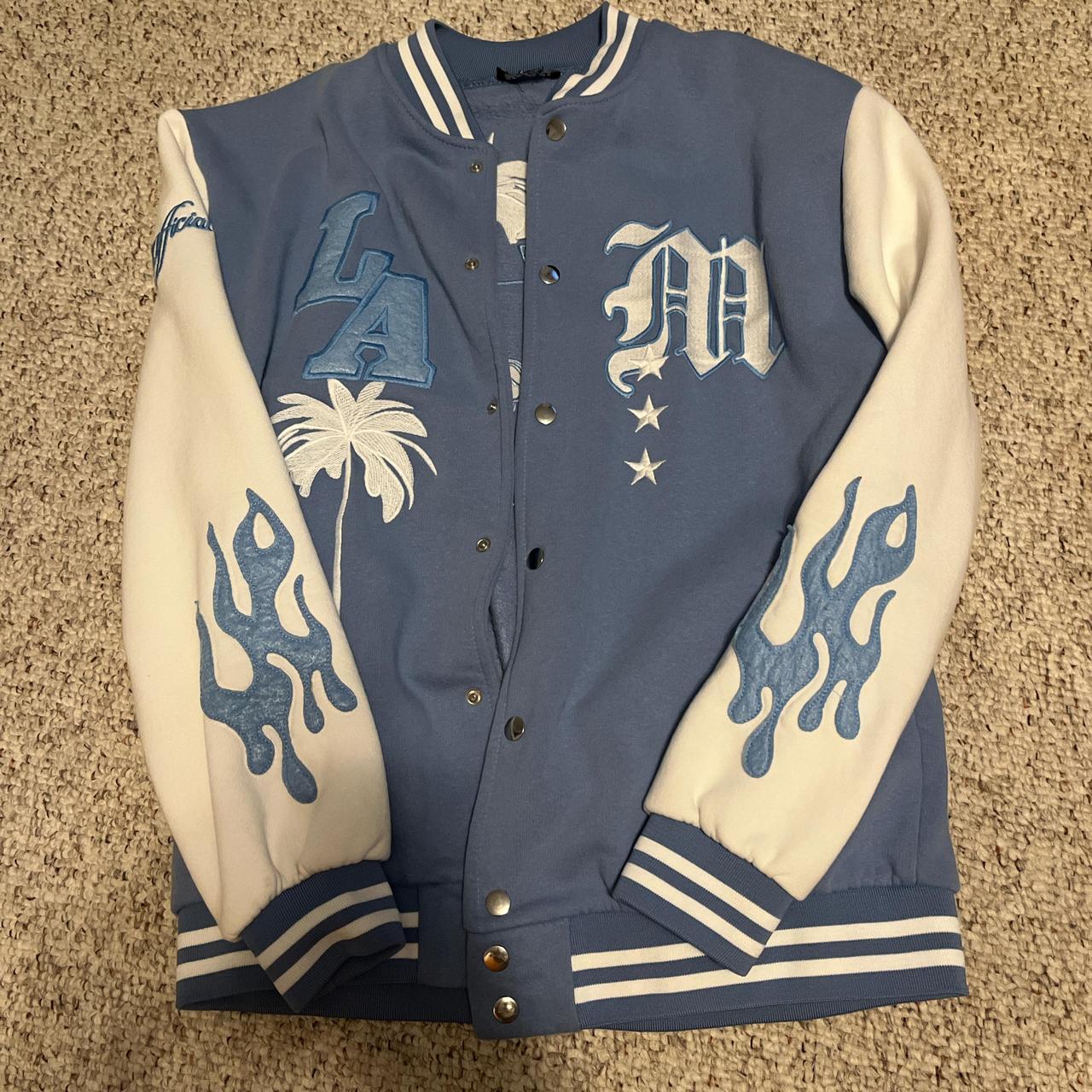 Blue and white varsity jacket - Depop