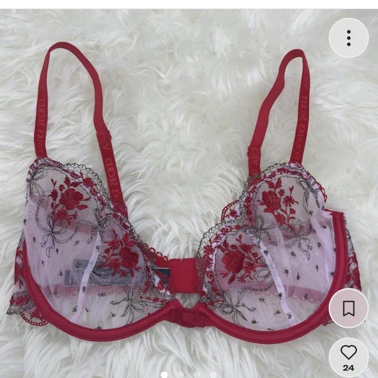 Victoria Secret low cut demi mesh white/pink and red... - Depop