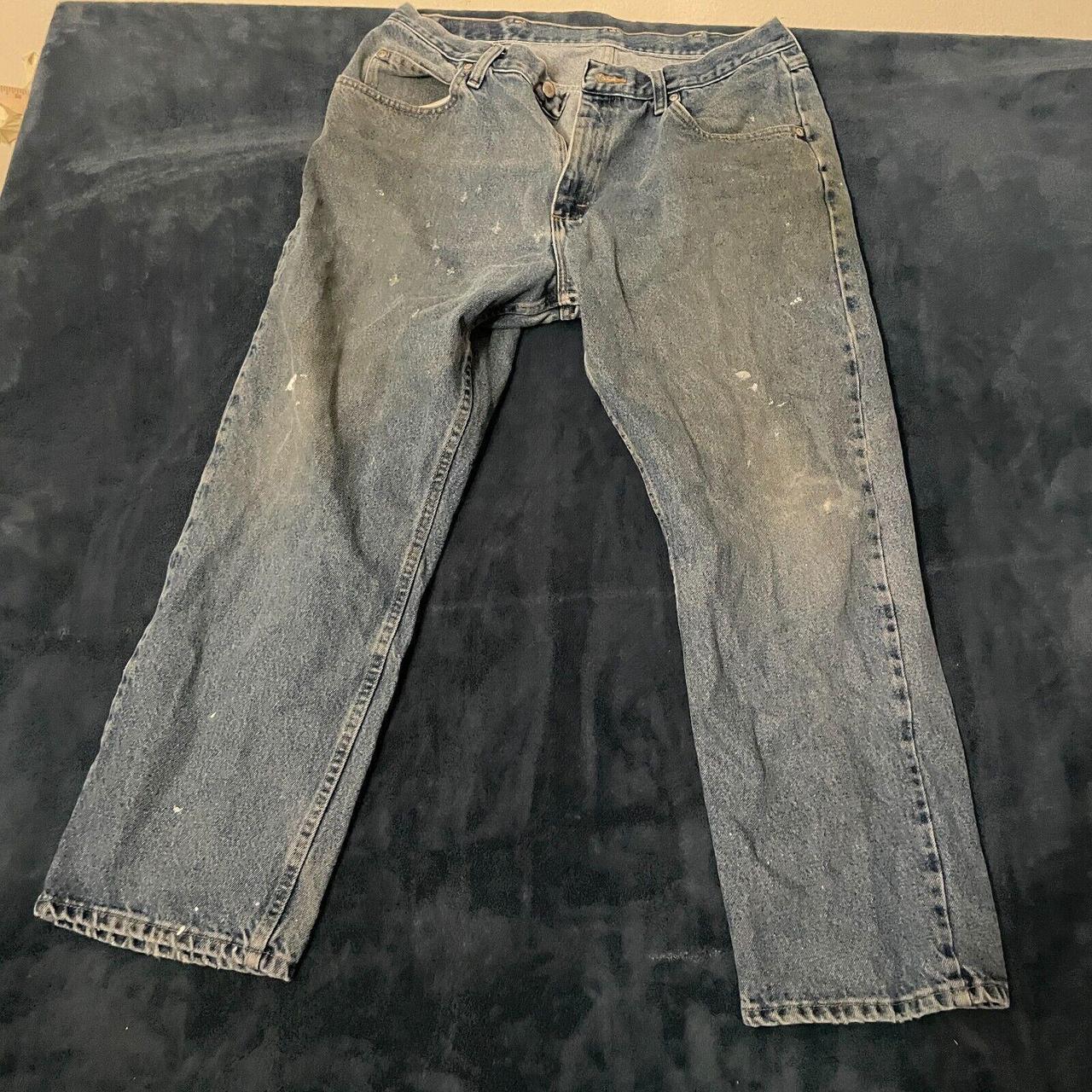Wrangler Blue Jeans Distressed Mud Wash Size 36x29... - Depop