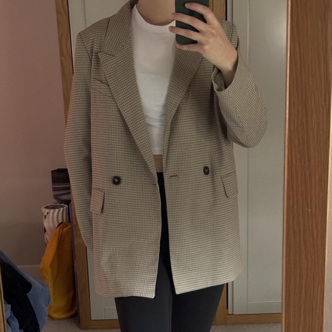 H and M Beige Check Blazer Size Small but oversized... - Depop