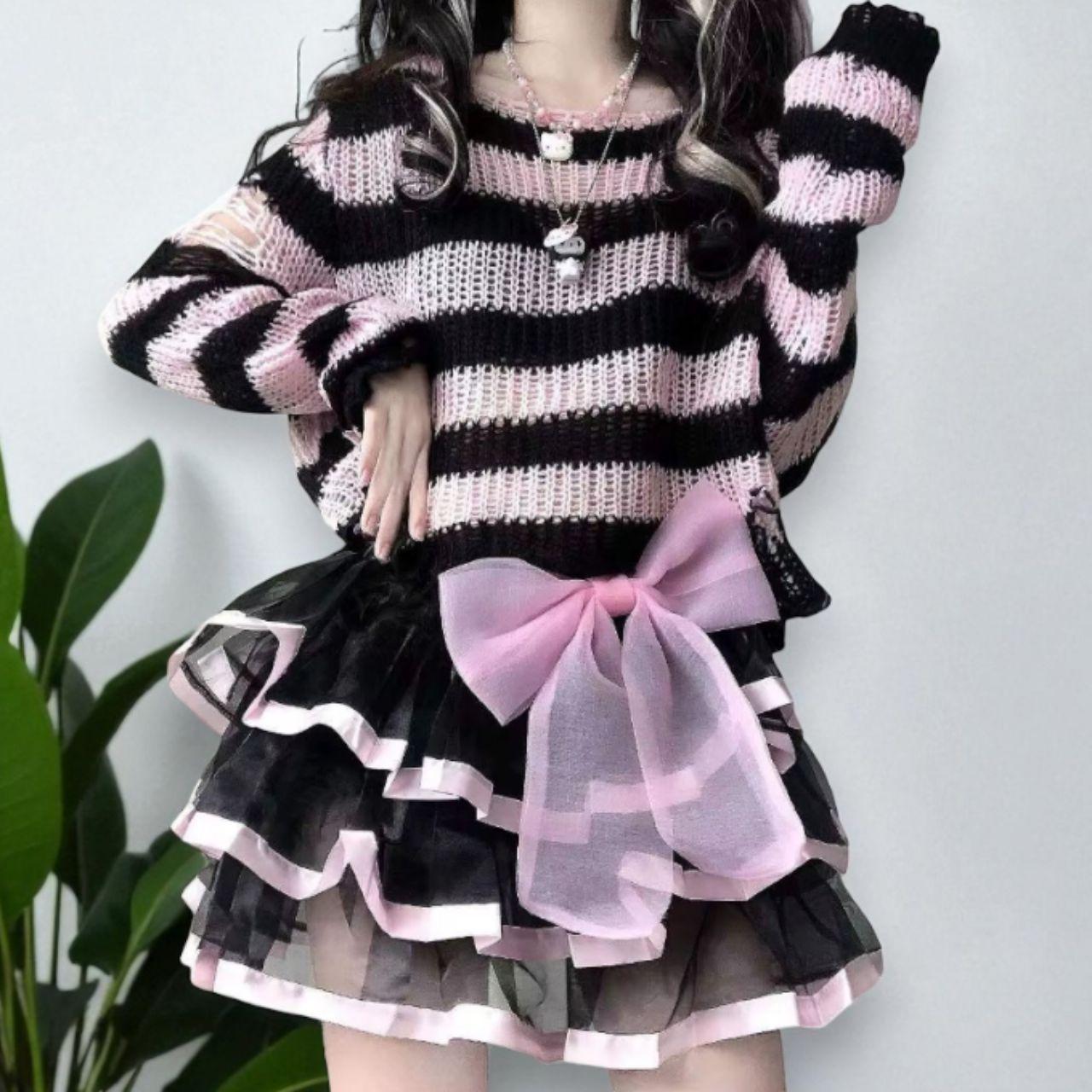 🌸 Pink Striped Gothic Knit Sweater 🌸 Loose-fit... | Depop