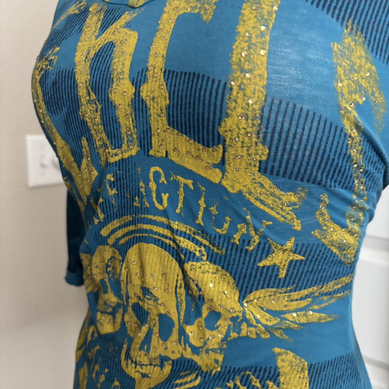 Blue and gold affliction top - Tag Says Size... - Depop