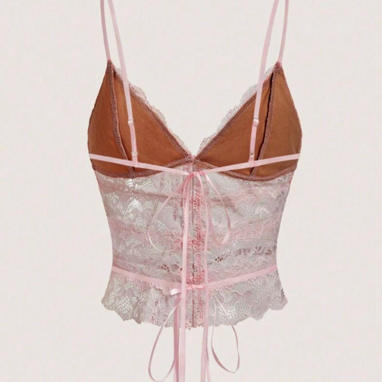 Pink lace open back strap tie back camisole Dupe... | Depop