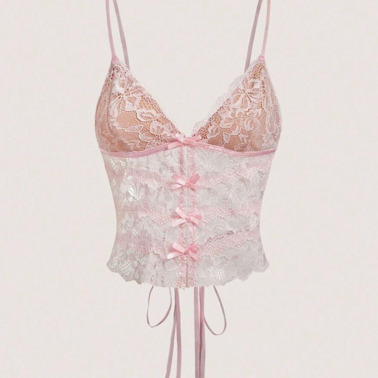 Pink lace open back strap tie back camisole Dupe... | Depop