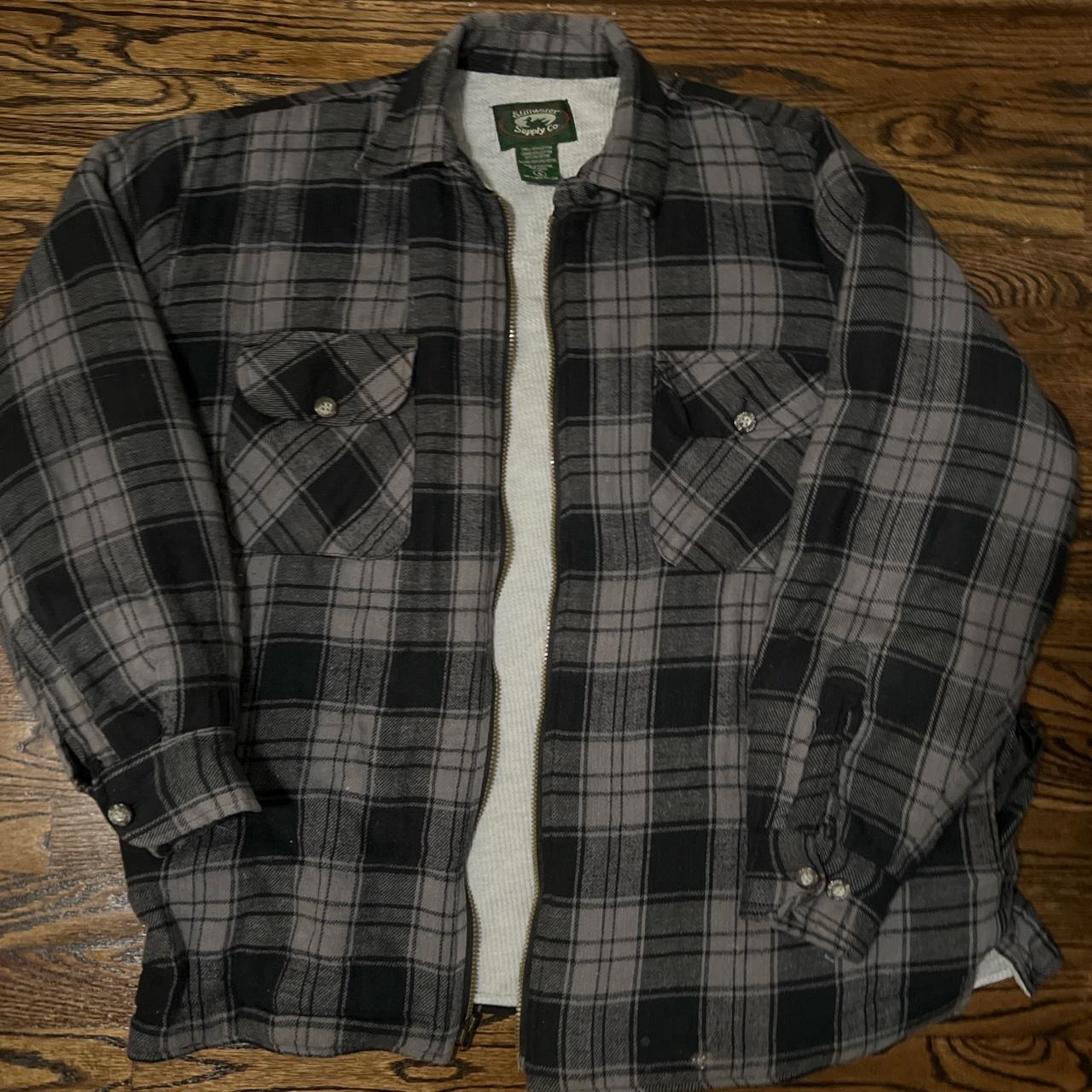 Black and Grey Plaid Work Jacket, very warm - Depop