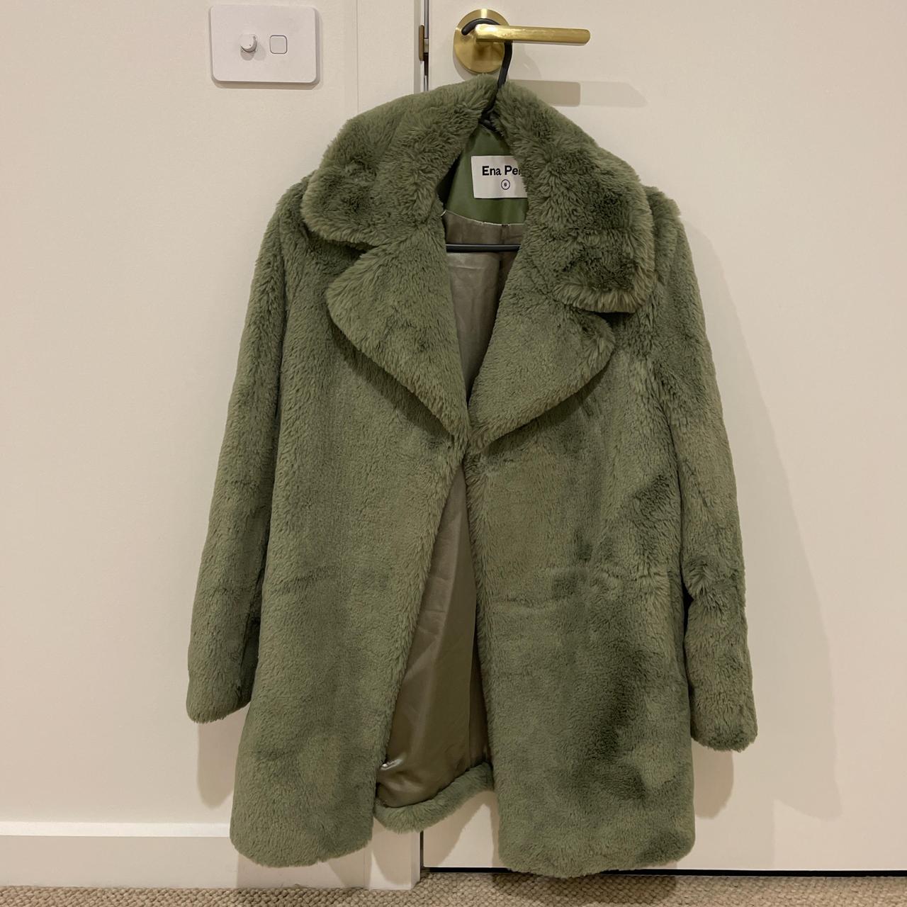 Ena Pelly minimalist faux fur jacket sage Size 6 but... - Depop