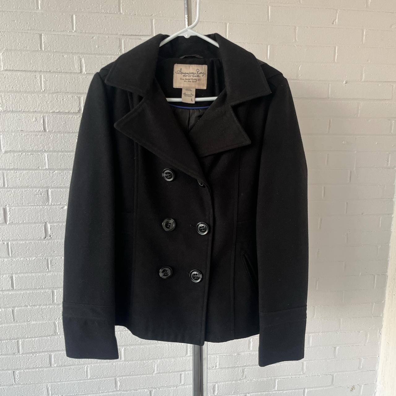 Women’s Large hooded American Rag black pea coat... | Depop