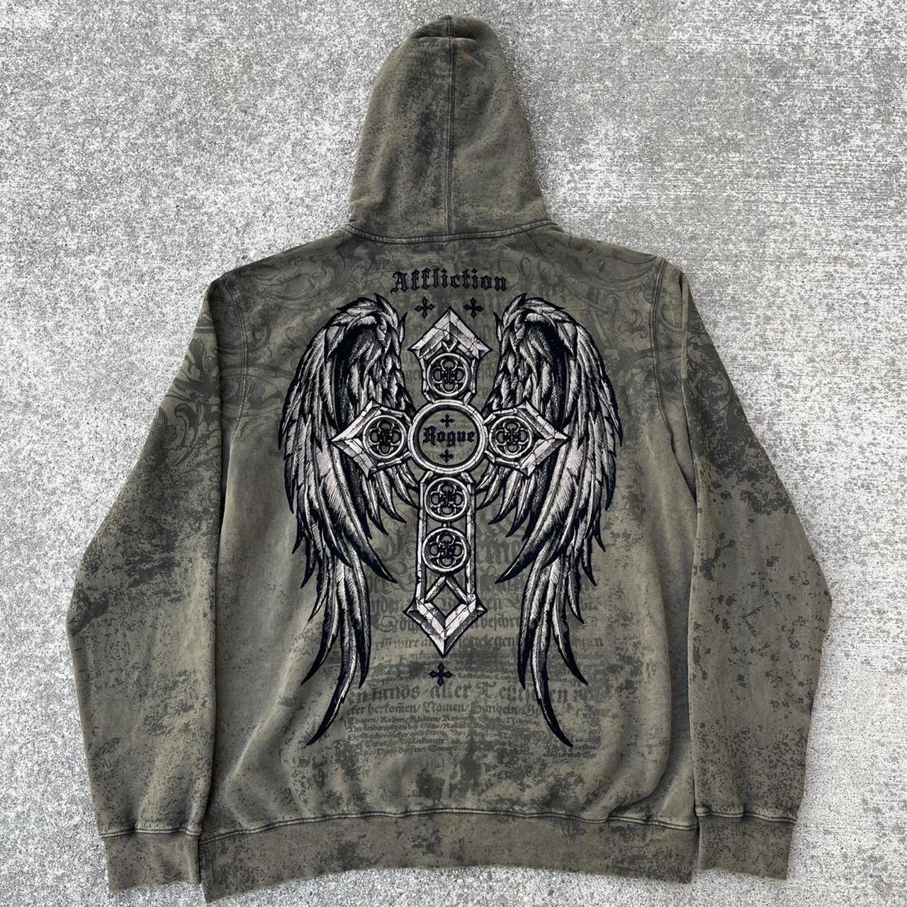 Affliction AOP Winged Cross Zip-Up Hoodie -New... - Depop