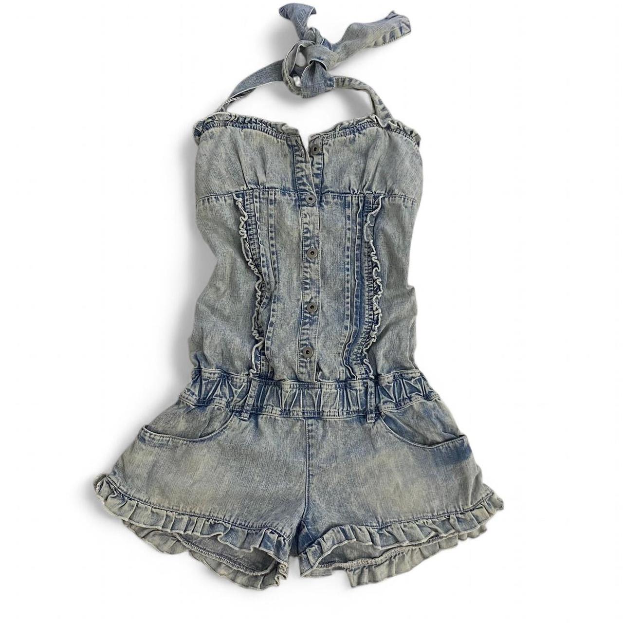 japanese brand y2k denim romper -cutest gyaru... | Depop