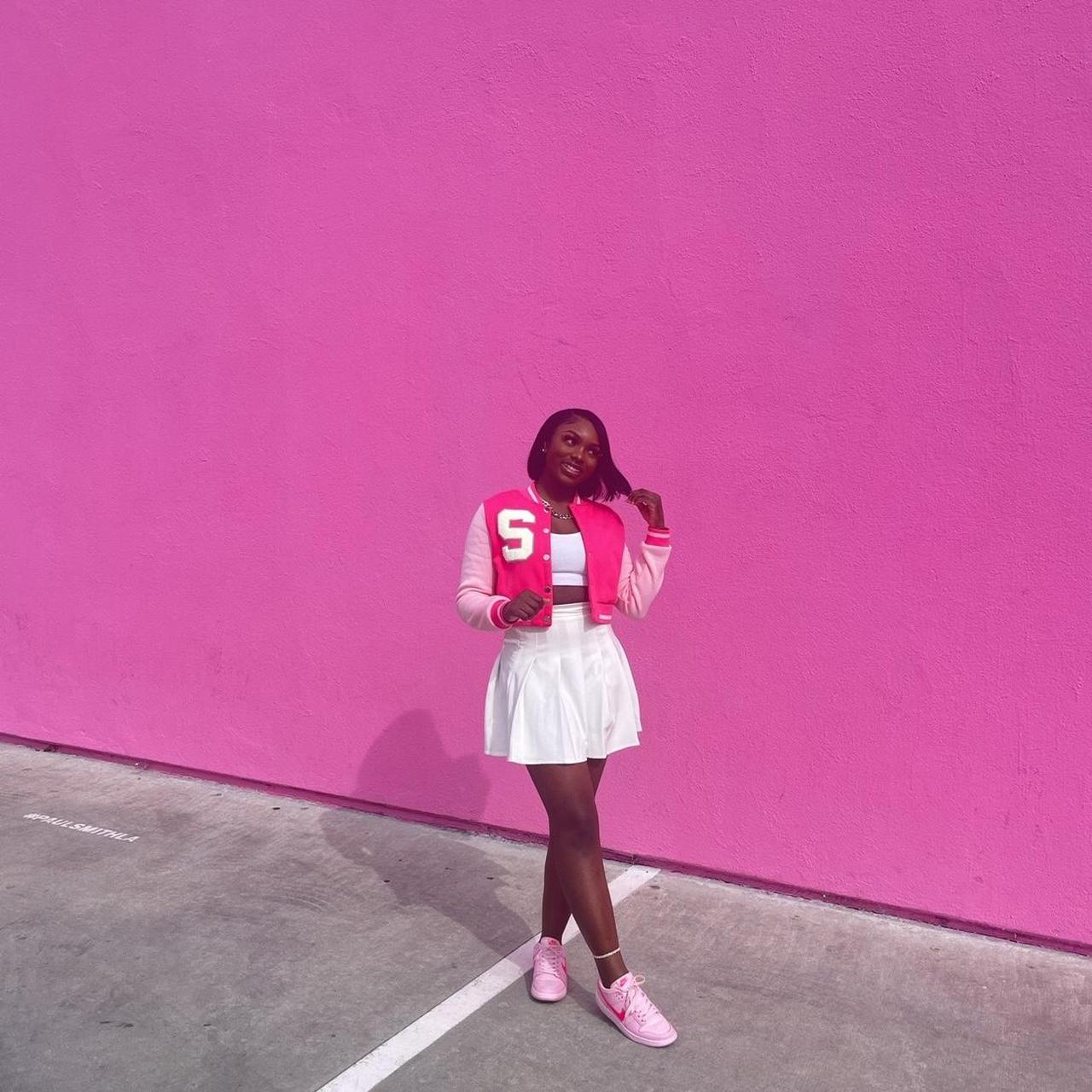 Cute, cropped, pink varsity letter jacket. Model is... - Depop